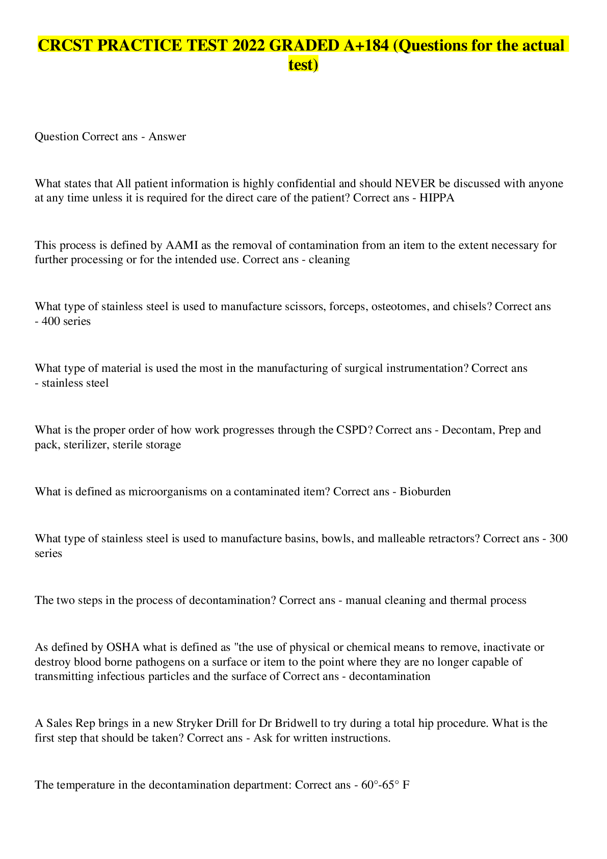 CRCST PRACTICE TEST 2022 GRADED A+184 (Questions for the actual test ...