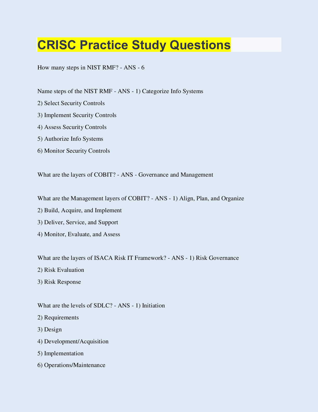 CRISC Practice Study Questions - Scholarfriends