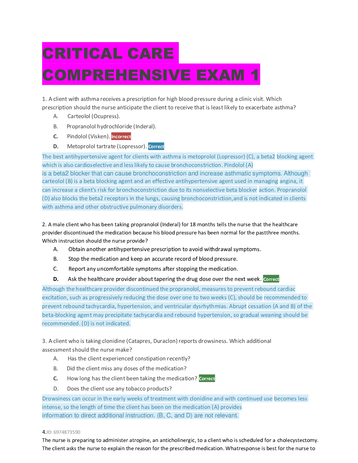 CRITICAL CARE COMPREHENSIVE EXAM 1 - Scholarfriends