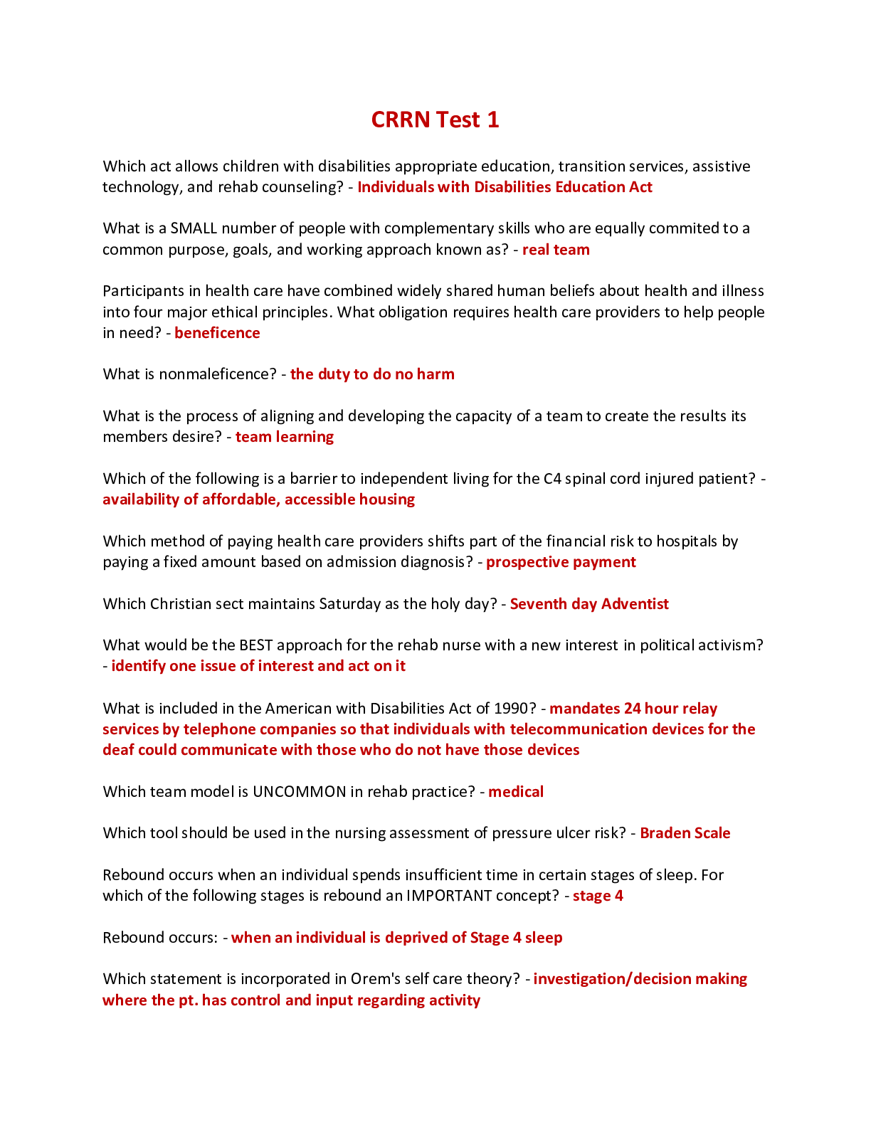 CRRN Test 1 - Questions and Answers - Scholarfriends