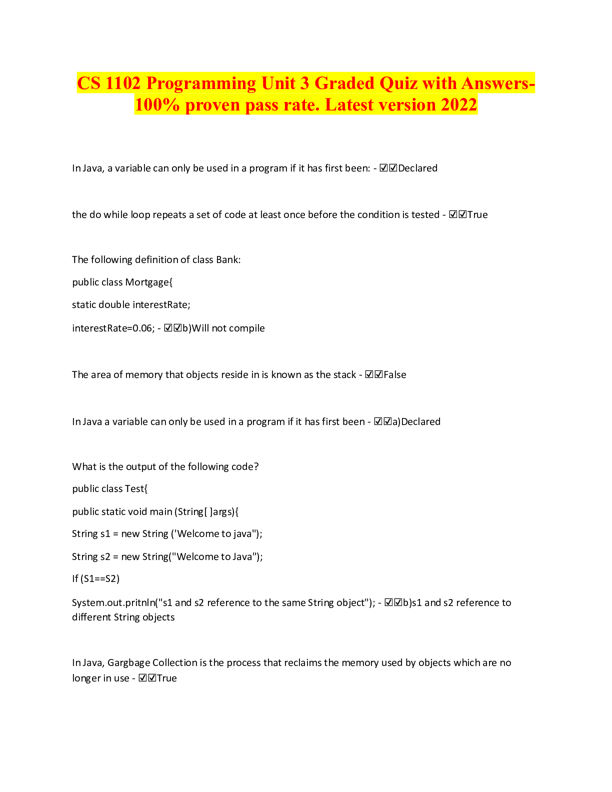 CS 1102 Programming Unit 3 Graded Quiz with Answers- 100% proven pass ...