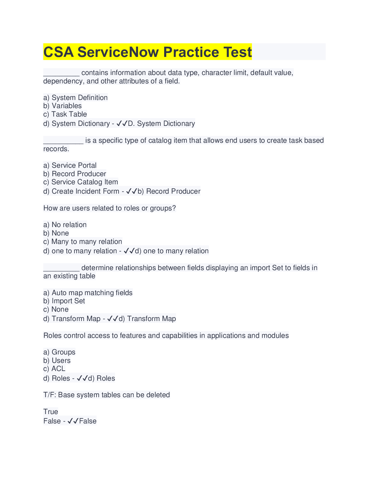 CSA ServiceNow Practice Test | with 100% Correct Answers - Scholarfriends