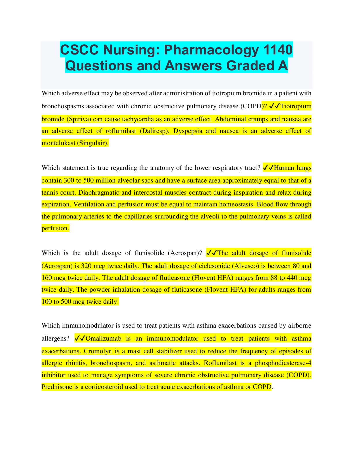 CSCC Nursing: Pharmacology 1140 Questions and Answers Graded A ...