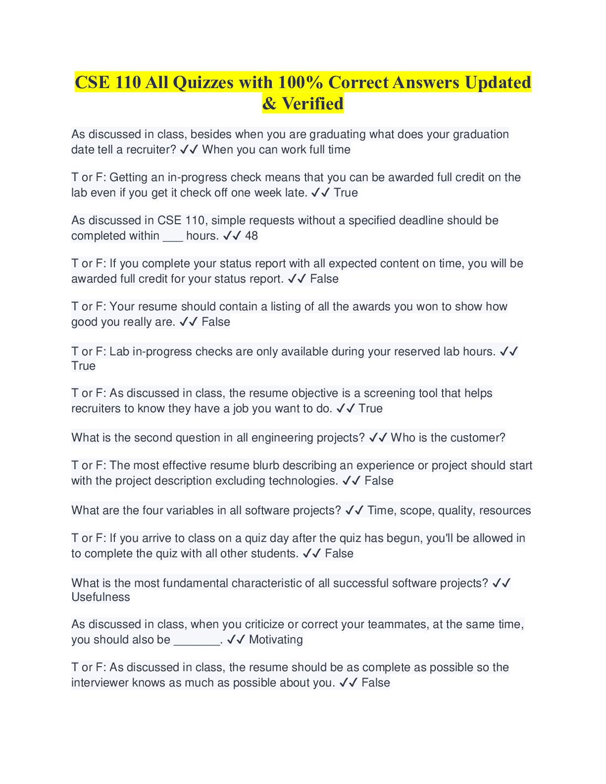 CSE 110 All Quizzes with 100% Correct Answers Updated & Verified ...