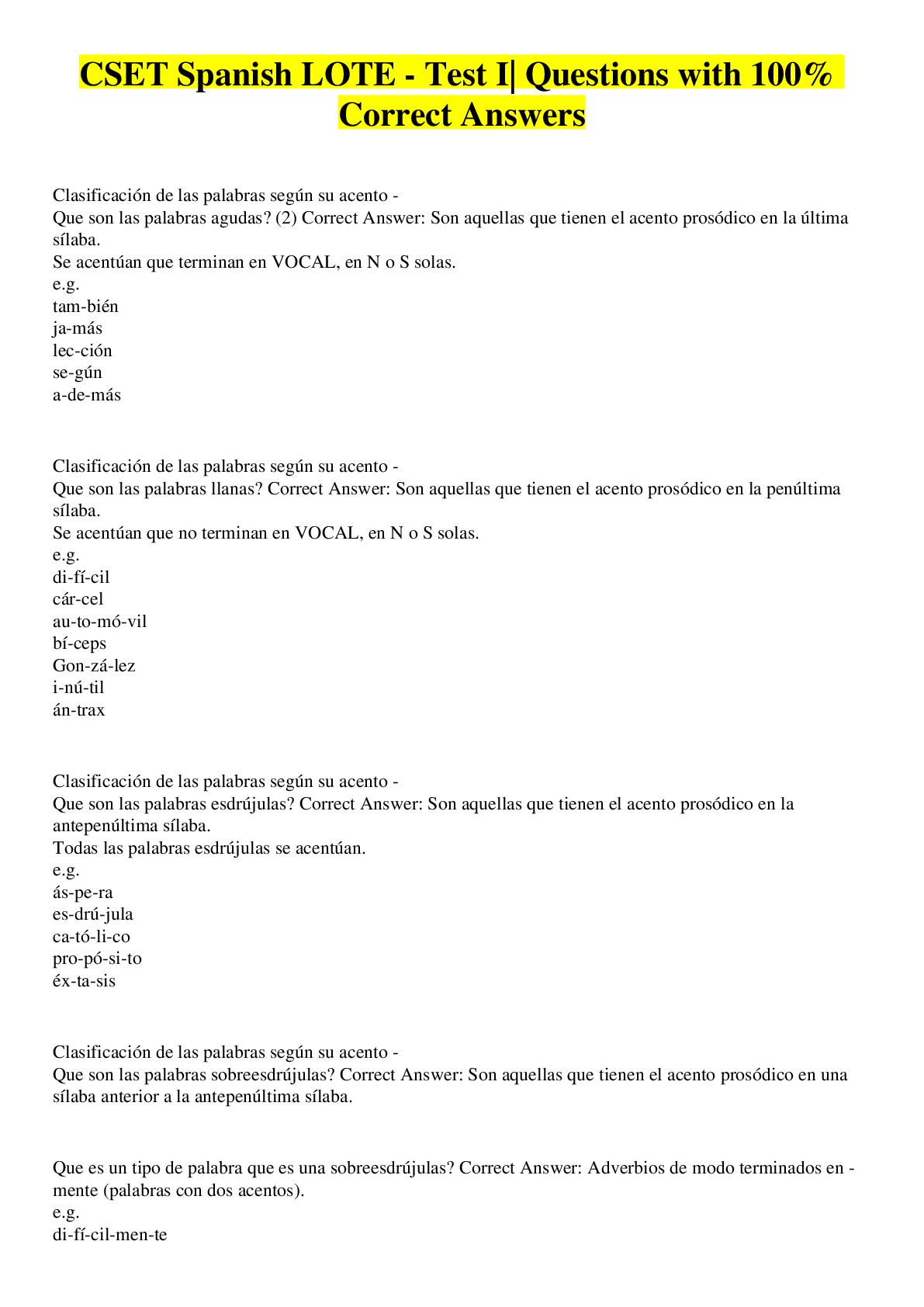 CSET Spanish LOTE - Test I| Questions with 100% Correct Answers ...