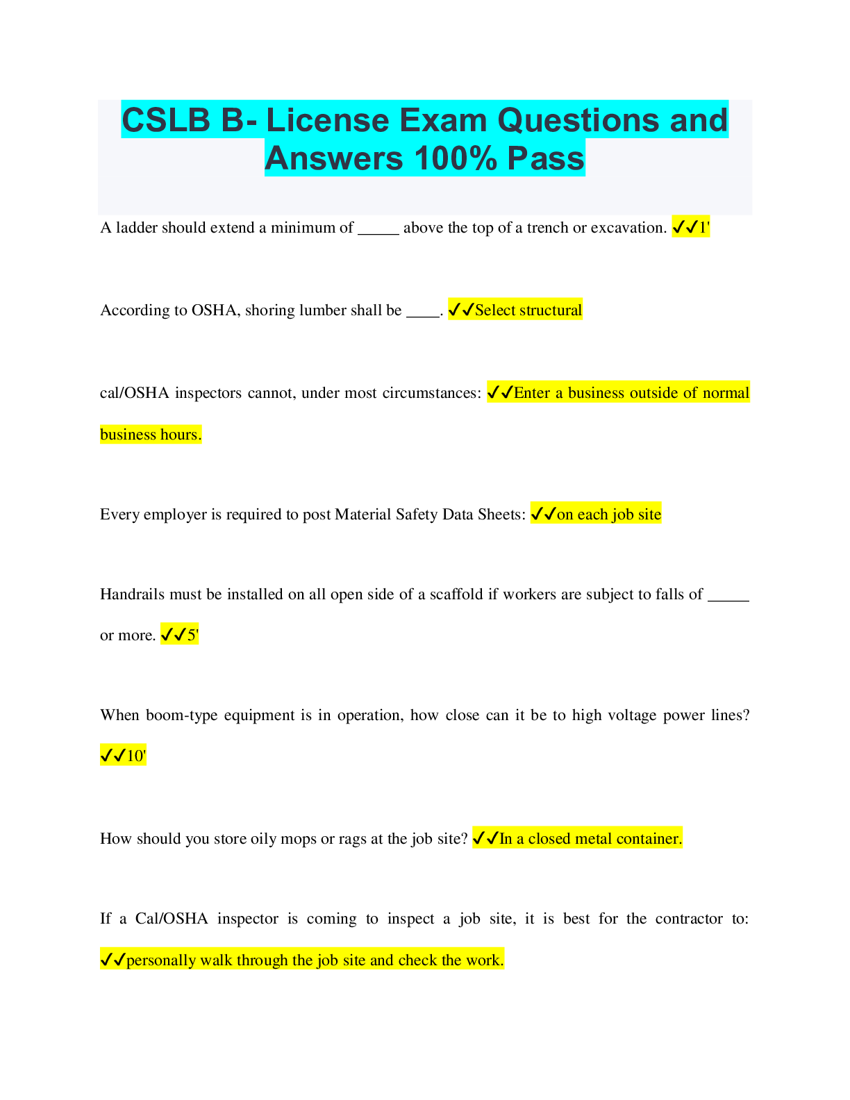 CSLB B- License Exam Questions and Answers 100% Pass - Scholarfriends
