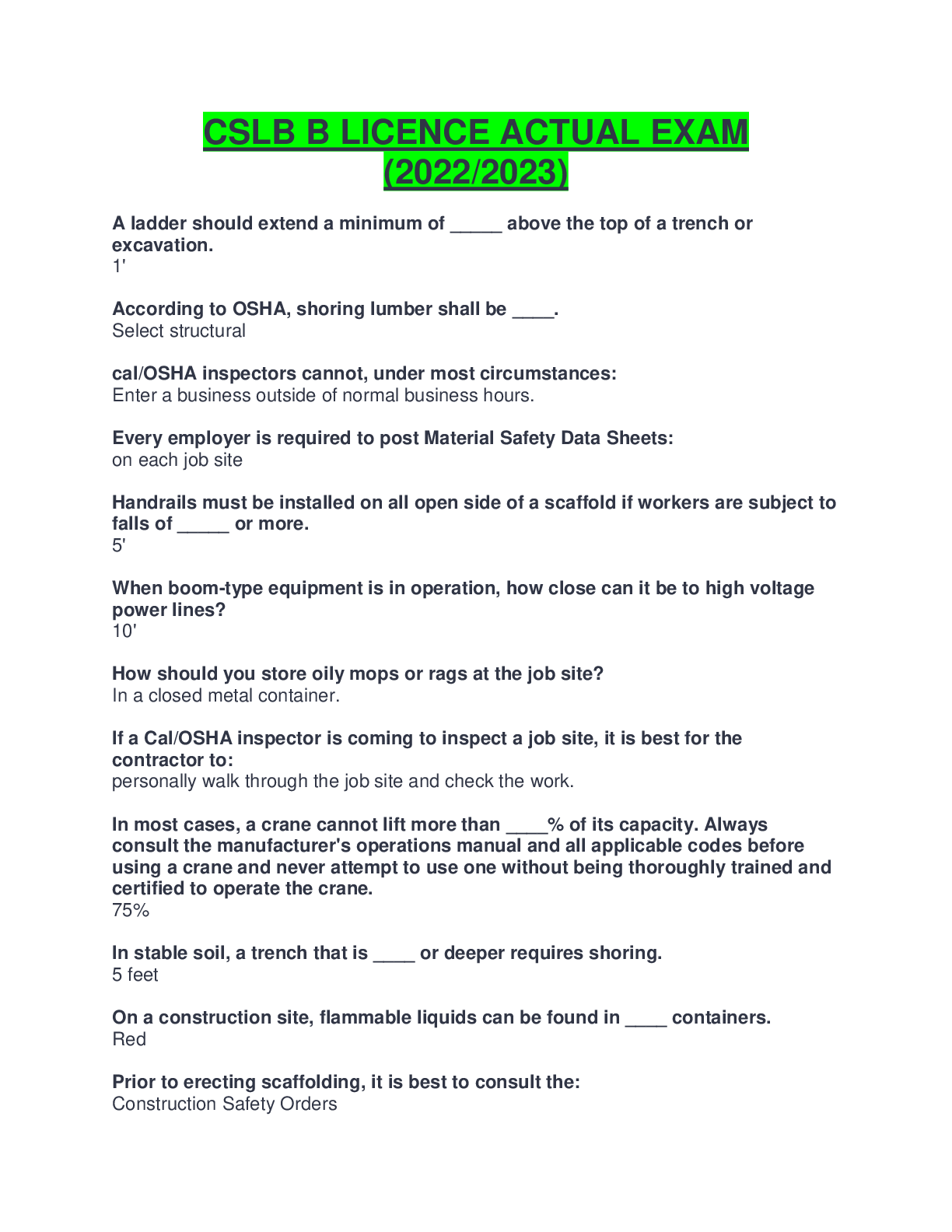 CSLB B LICENCE ACTUAL EXAM (2022/2023) QUESTIONS AND ANSWERS ...