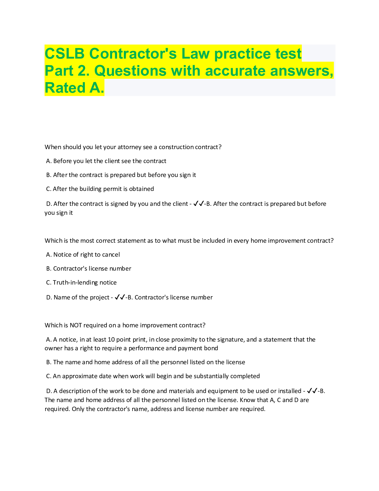 CSLB Contractor's Law practice test Part 2. Questions with accurate ...