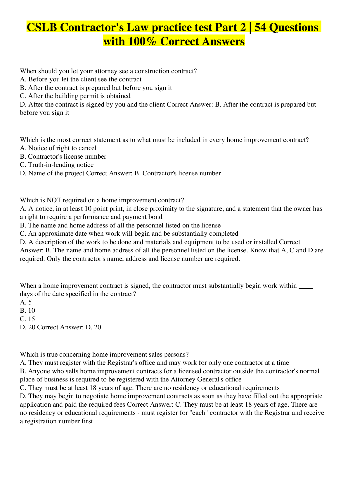 CSLB Contractor's Law practice test Part 2 | 54 Questions with 100% ...