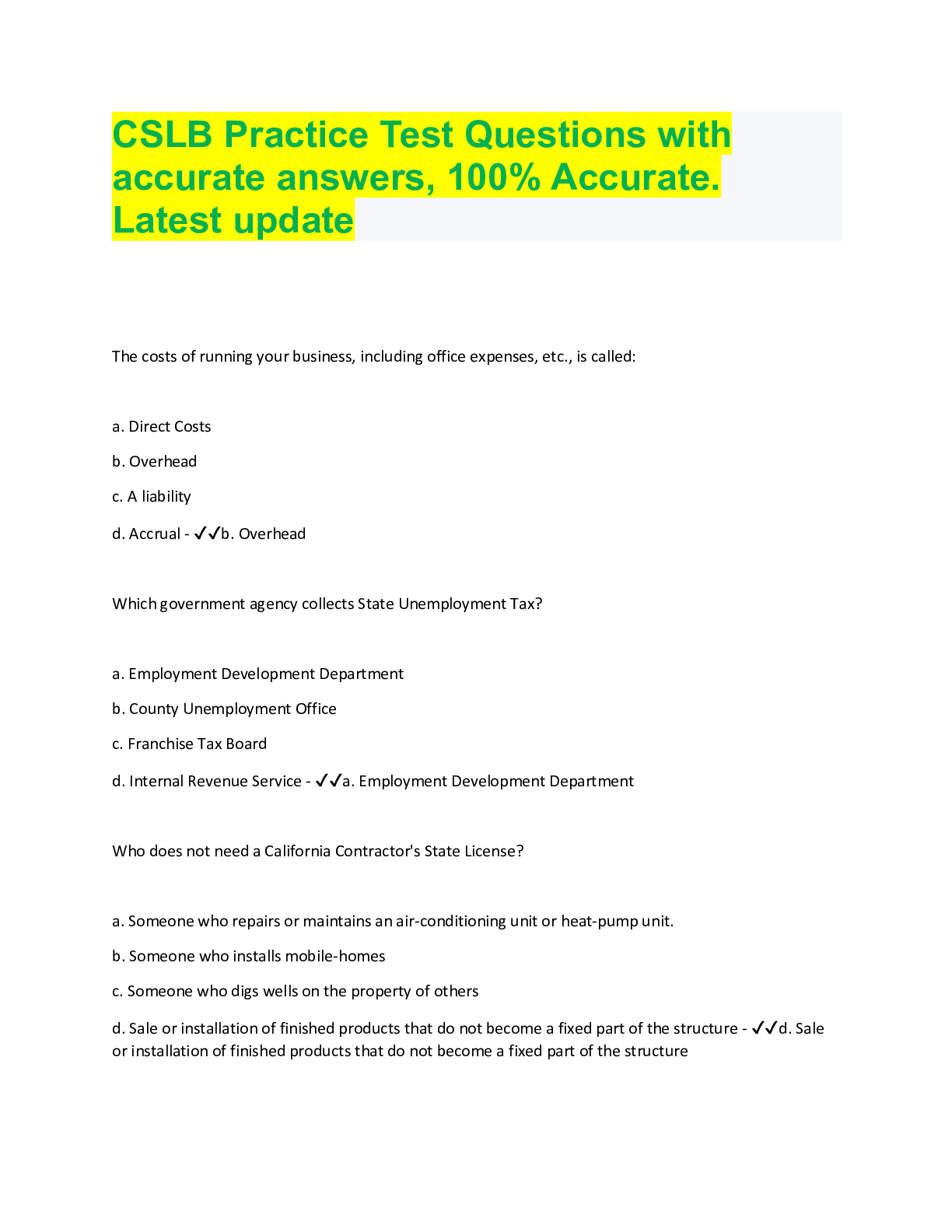 CSLB Practice Test Questions with accurate answers, 100% Accurate ...