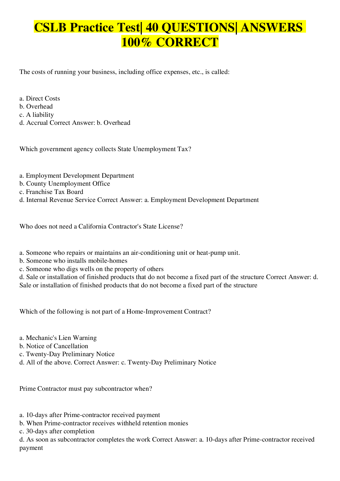 CSLB Practice Test| 40 QUESTIONS| ANSWERS 100% CORRECT - Scholarfriends