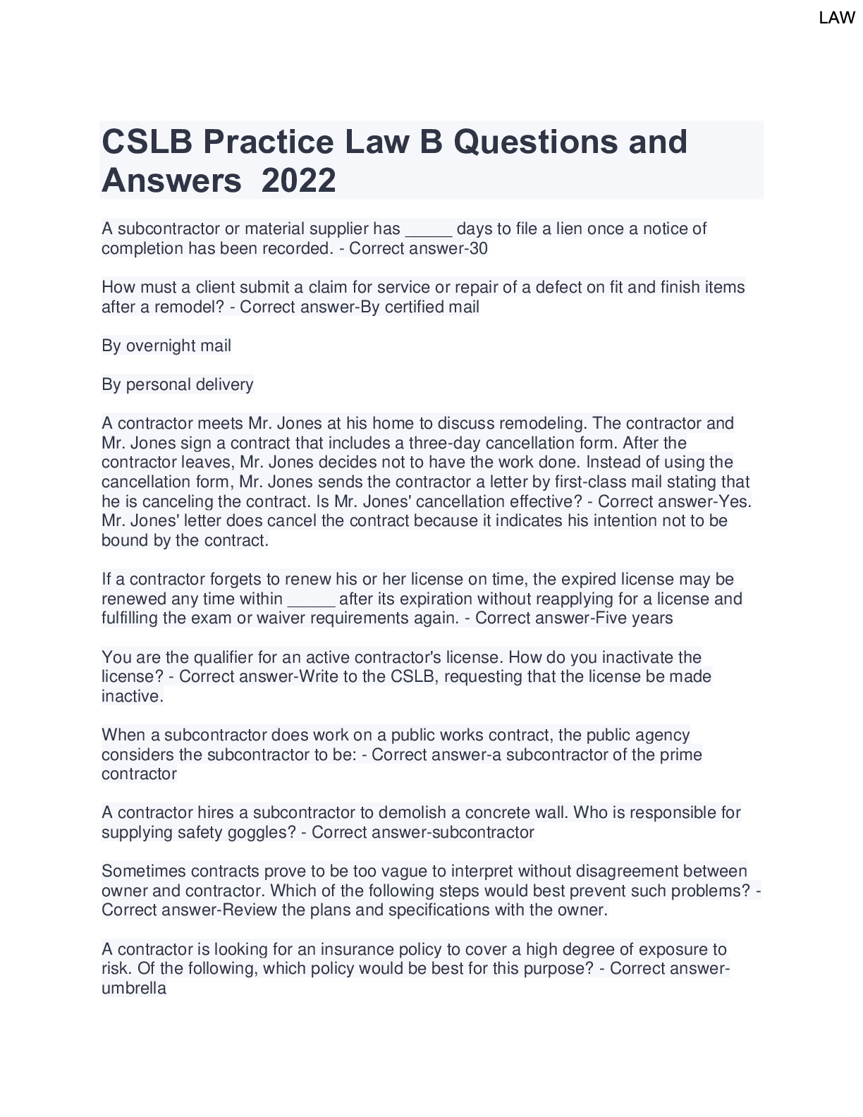 CSLB Practice Law B Questions and Answers 2022 - Scholarfriends