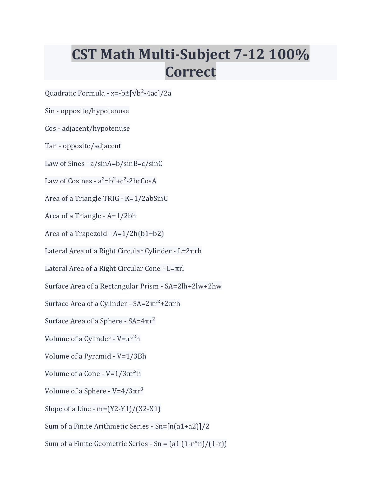 CST Math Multi-Subject 7-12 100% Correct - Scholarfriends
