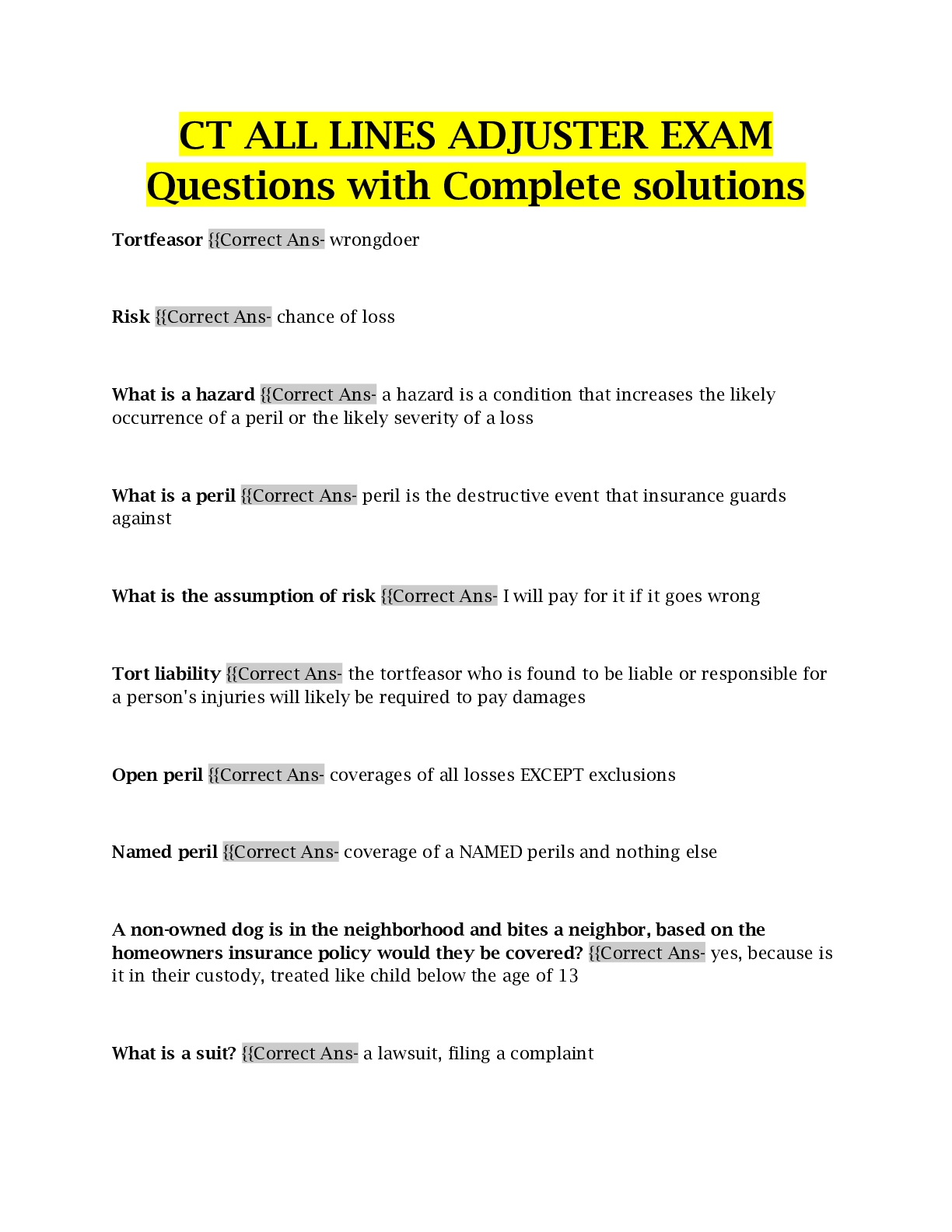 CT ALL LINES ADJUSTER EXAM Questions with Complete solutions ...