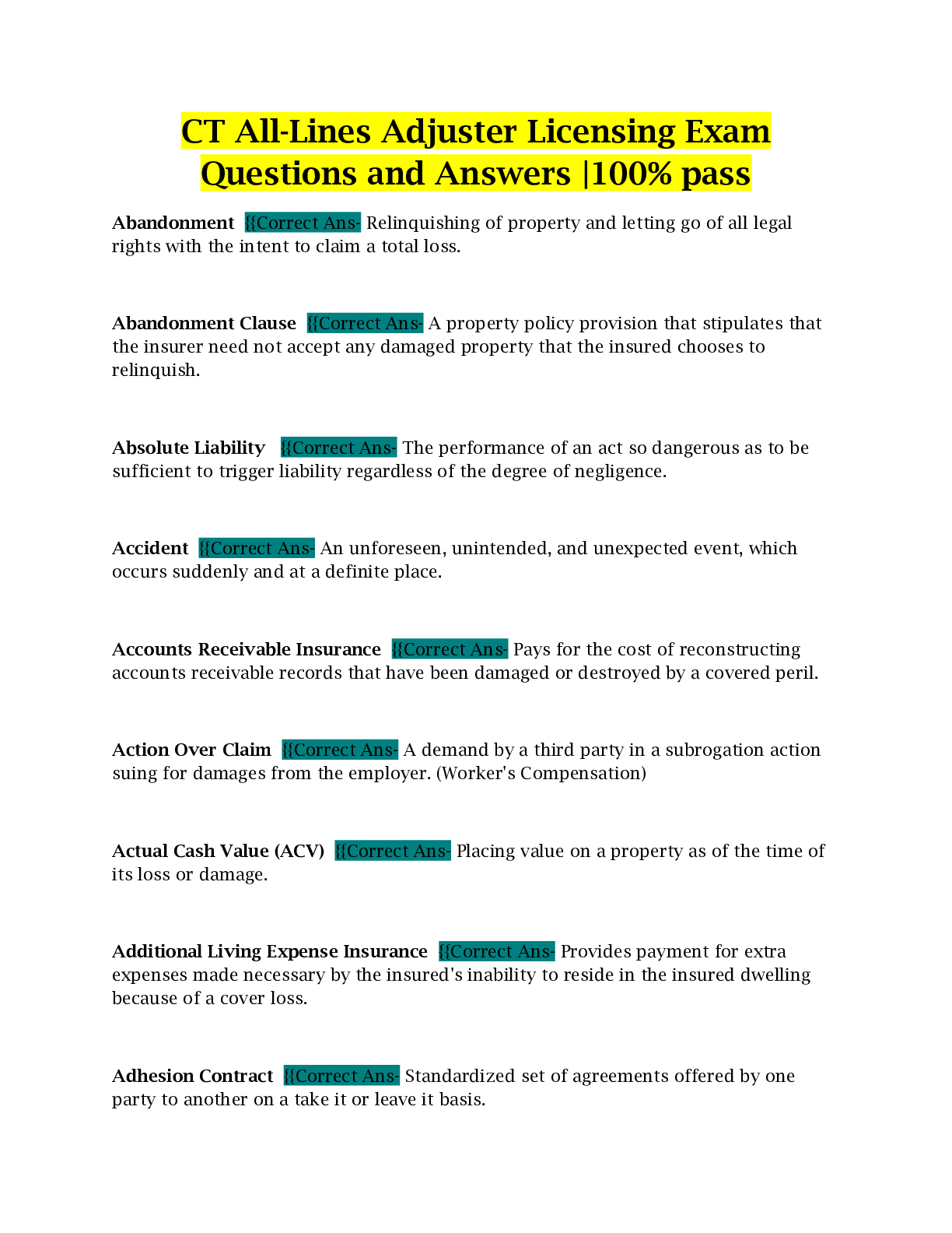 CT All-Lines Adjuster Licensing Exam Questions and Answers |100% pass ...