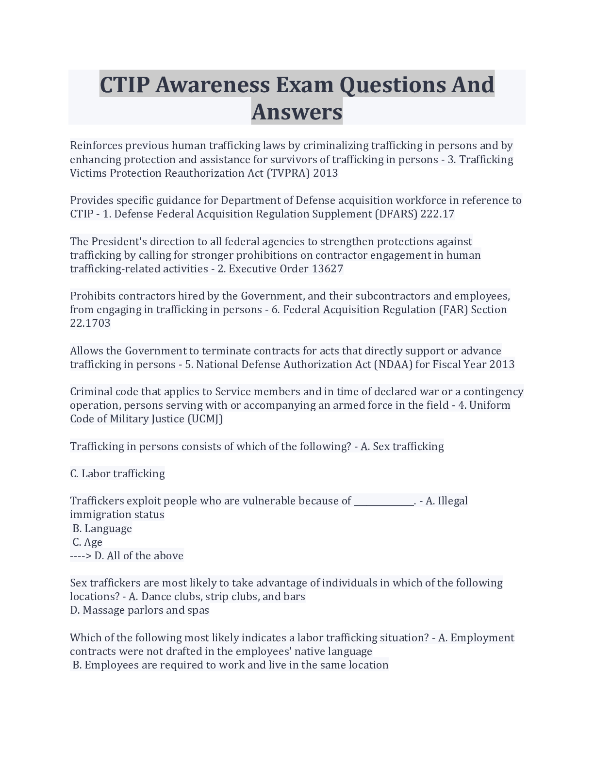 CTIP Awareness Exam Questions And Answers – Scholarfriends - Scholarfriends