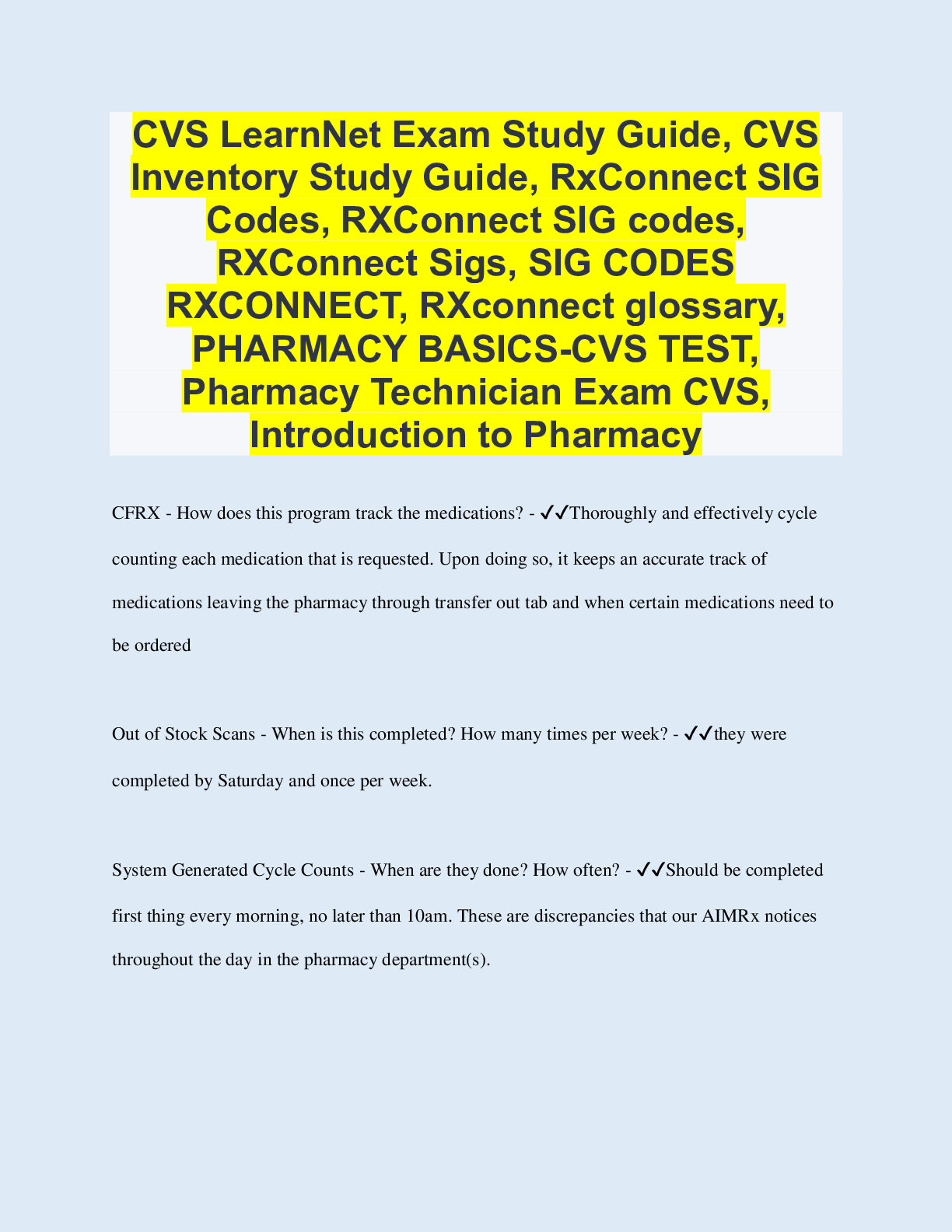 CVS LearnNet Exam Study Guide, CVS Inventory Study Guide, RxConnect SIG ...