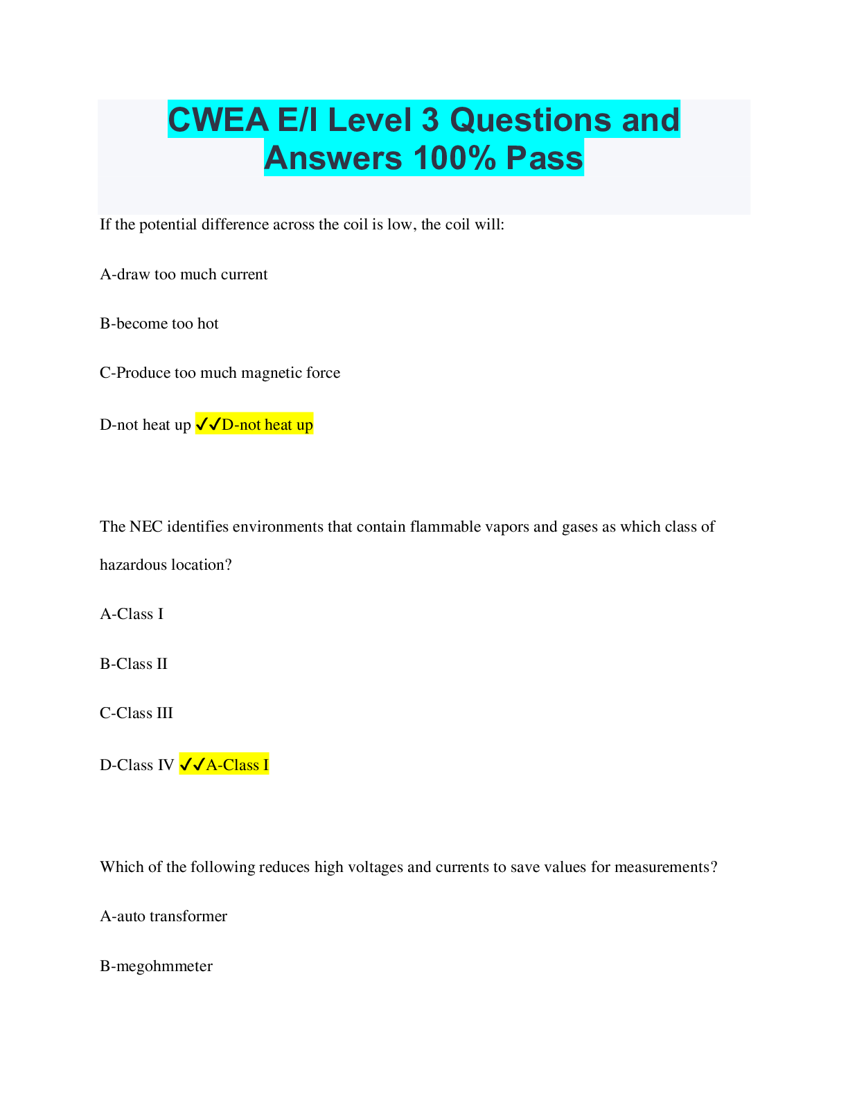 CWEA E/I Level 3 Questions and Answers 100% Pass - Scholarfriends