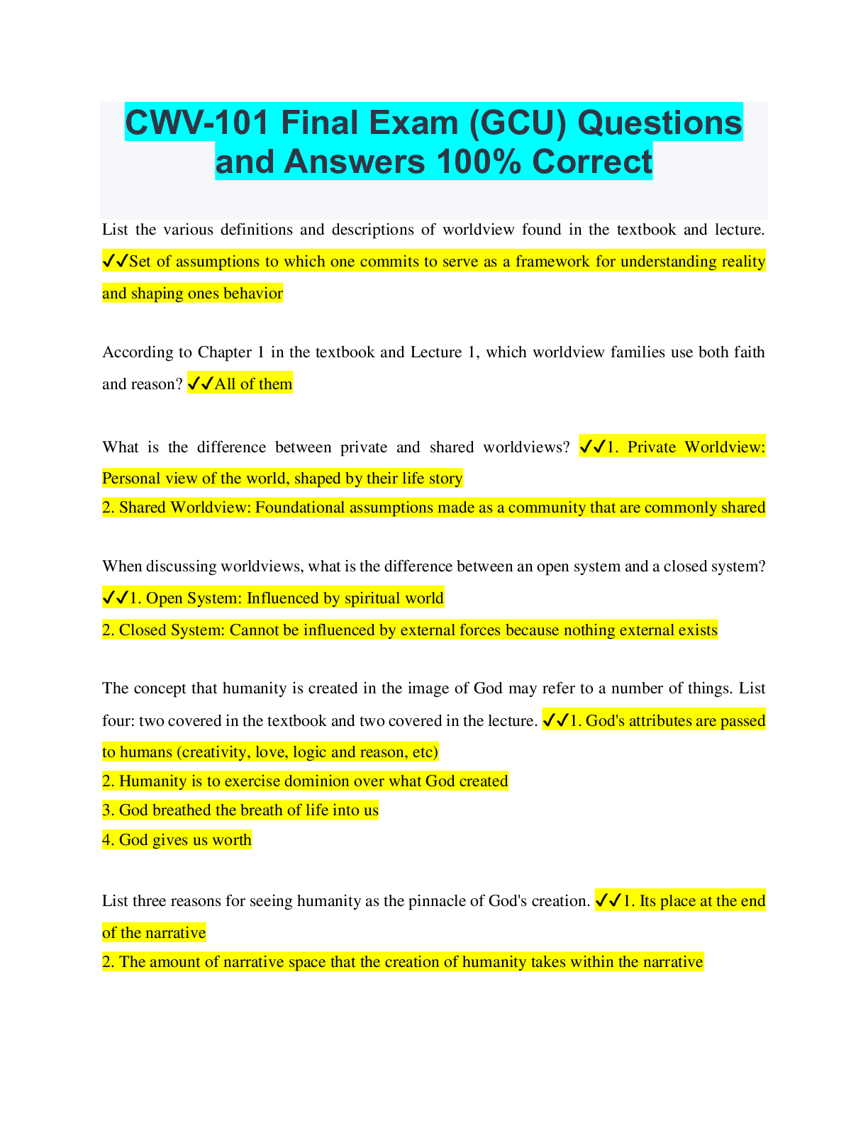 CWV-101 Final Exam (GCU) Questions and Answers 100% Correct ...