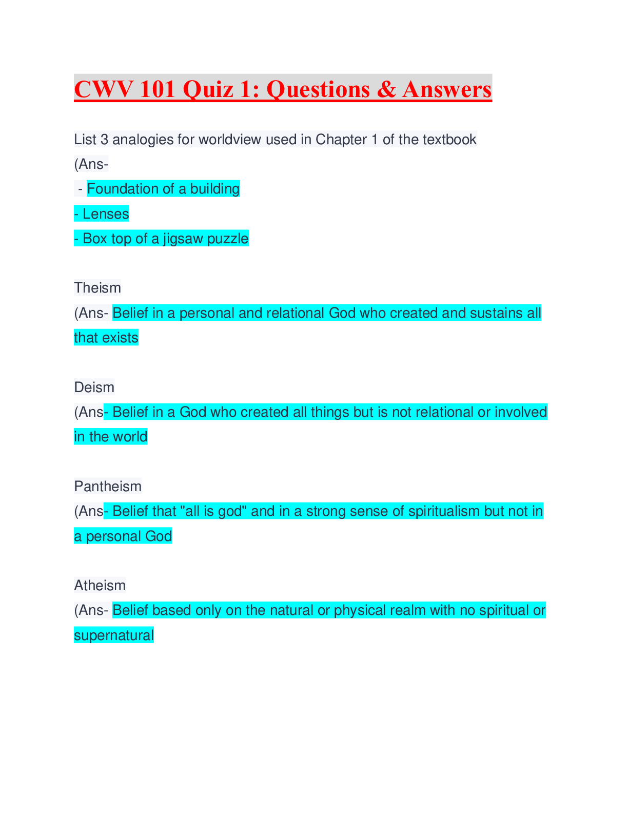 CWV 101 Quiz 1: Questions & Answers: Guaranteed A+ Score - Scholarfriends
