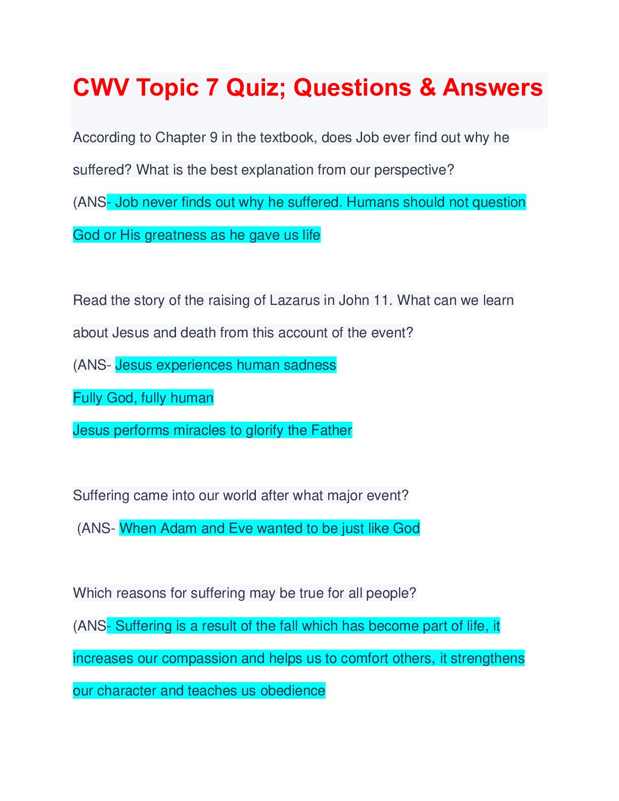 CWV Topic 7 Quiz; Questions & Answers; Latest Updated Solution ...