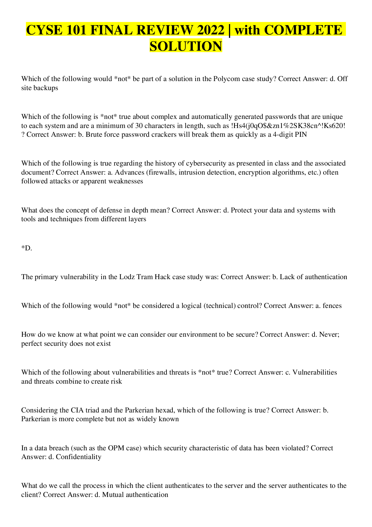 CYSE 101 FINAL REVIEW 2022 | with COMPLETE SOLUTION - Scholarfriends