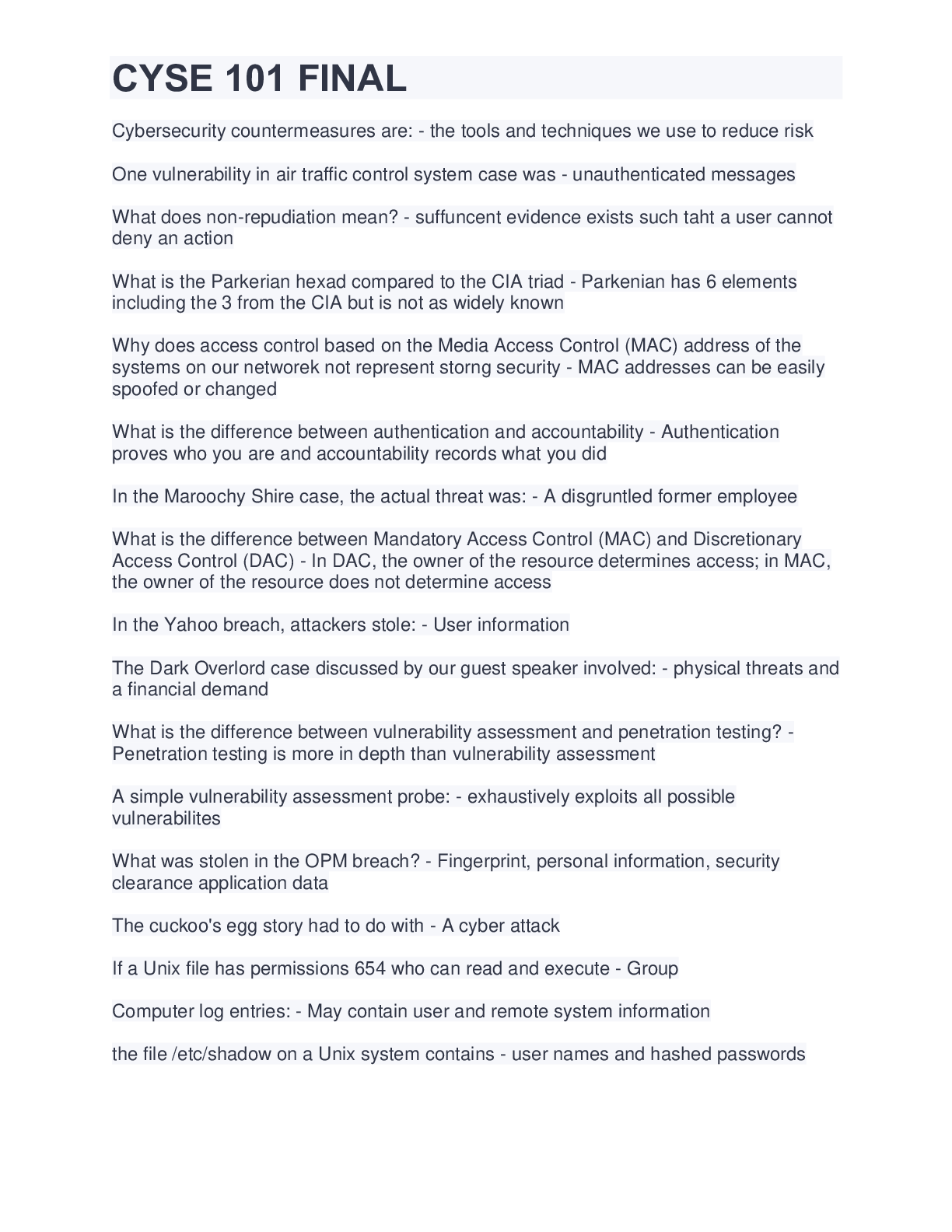 CYSE 101 FINAL| 103 questions| with complete solutions - Scholarfriends
