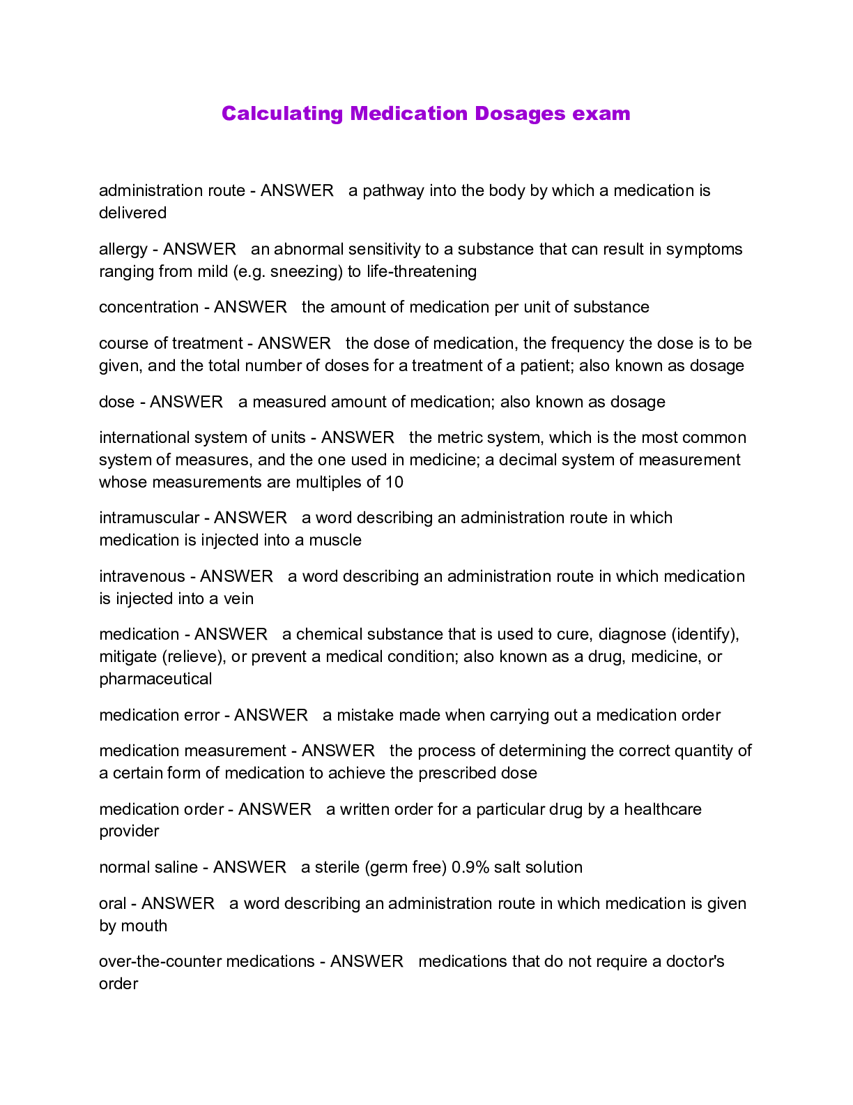 Calculating Medication Dosages exam – Scholarfriends - Scholarfriends