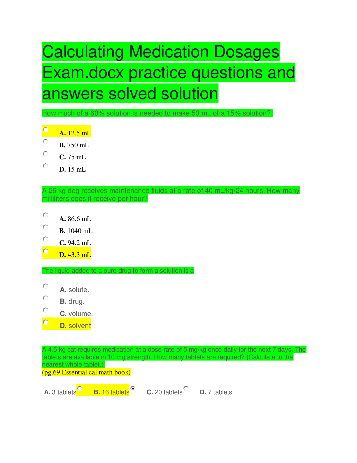 Calculating Medication Dosages Exam.docx practice questions and answers solved solution ...
