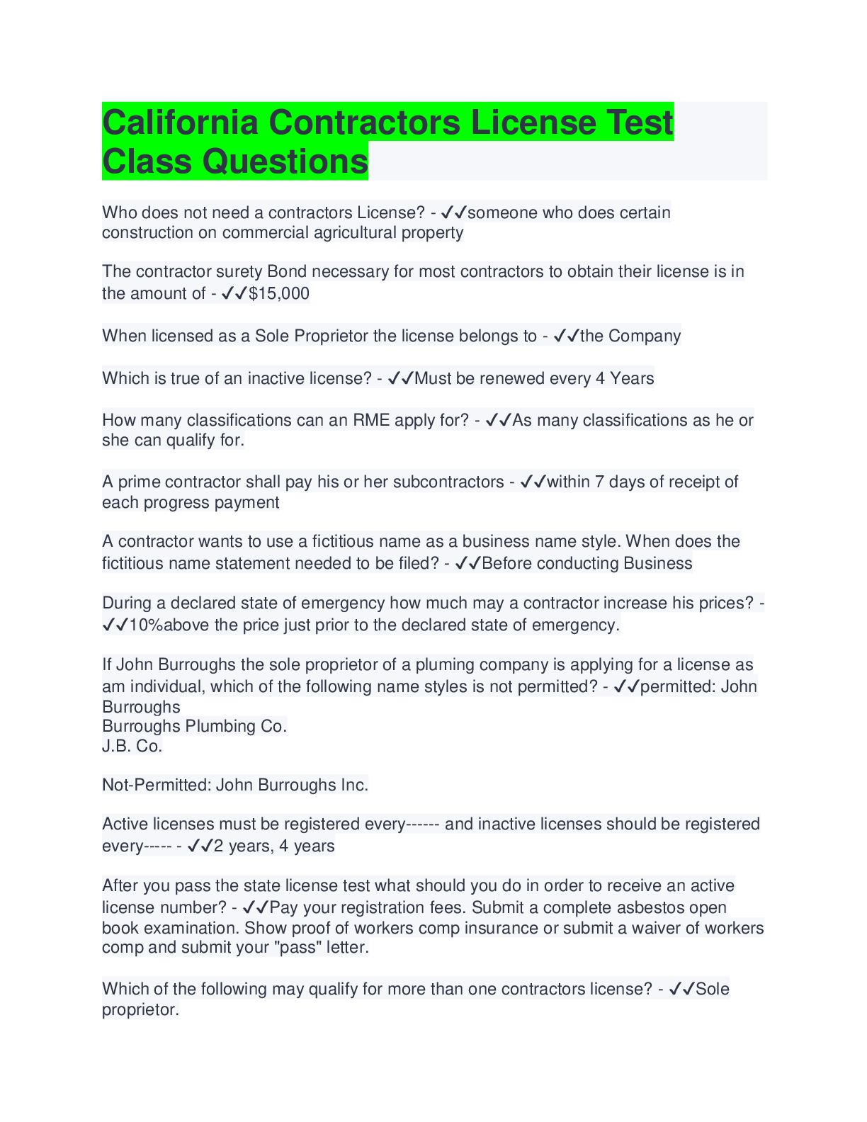 California Contractors License Test Class Questions | 48 Questions with ...