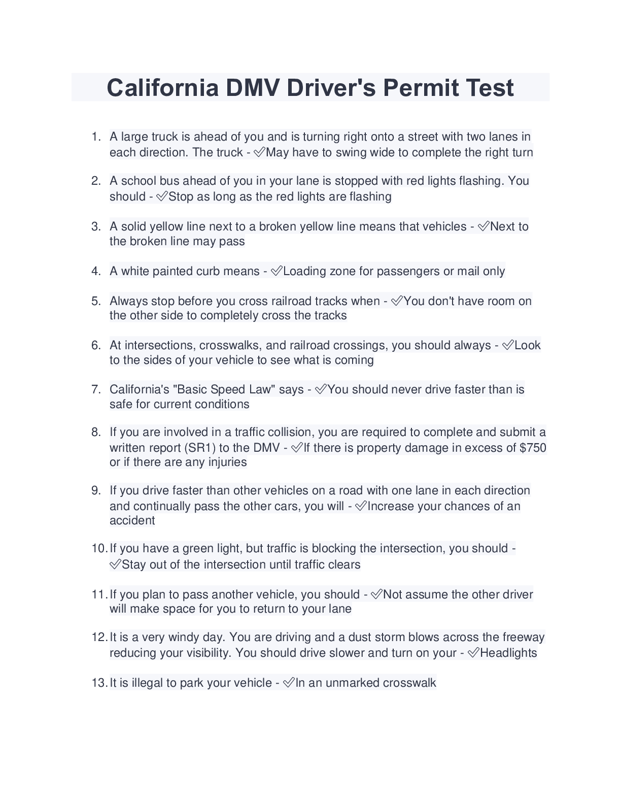 DMV Test for California Permit 2025 | CA / DMV California Class C ...