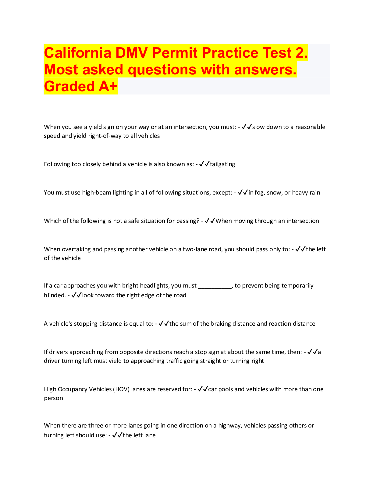 California DMV Permit Practice Test 2. Most asked questions with ...