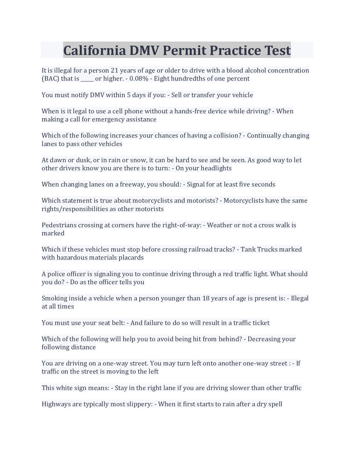 California DMV Permit Practice Test - Scholarfriends