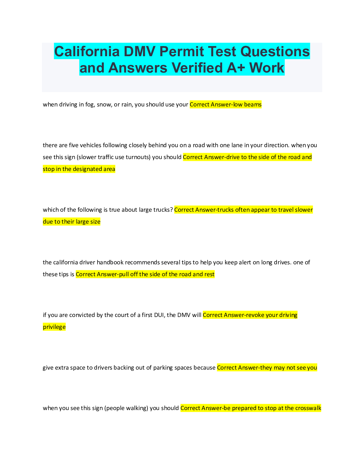 California DMV Permit Test Questions and Answers Verified A+ Work ...
