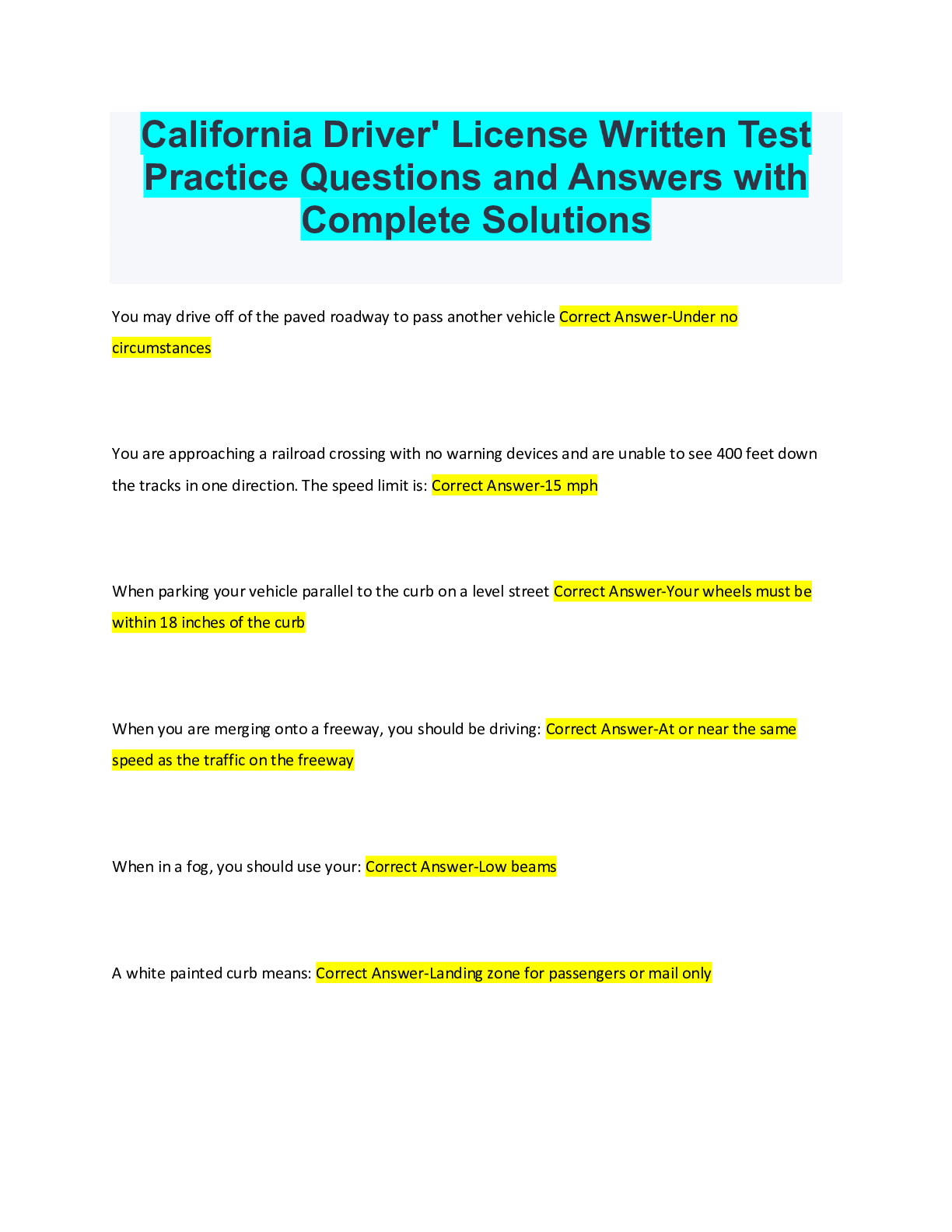 California Driver' License Written Test Practice Questions and Answers ...