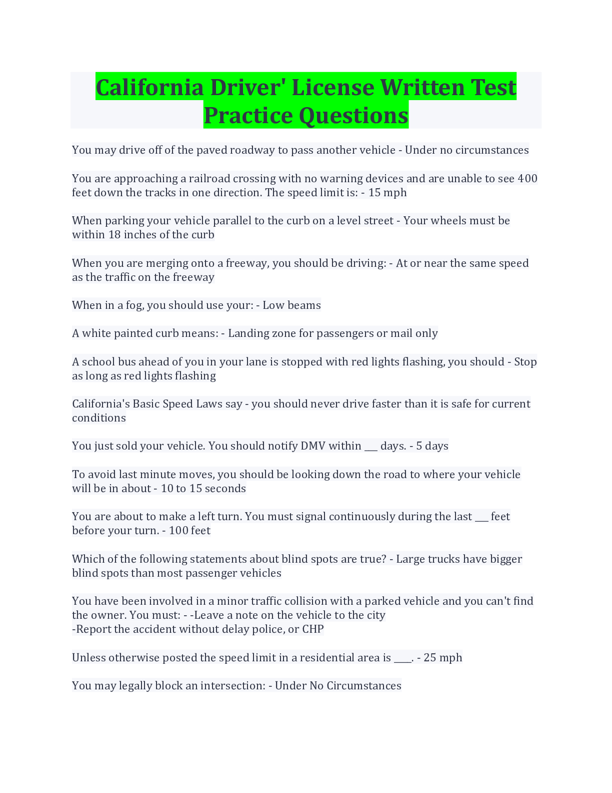 California Driver' License Written Test Practice Questions And Answers ...