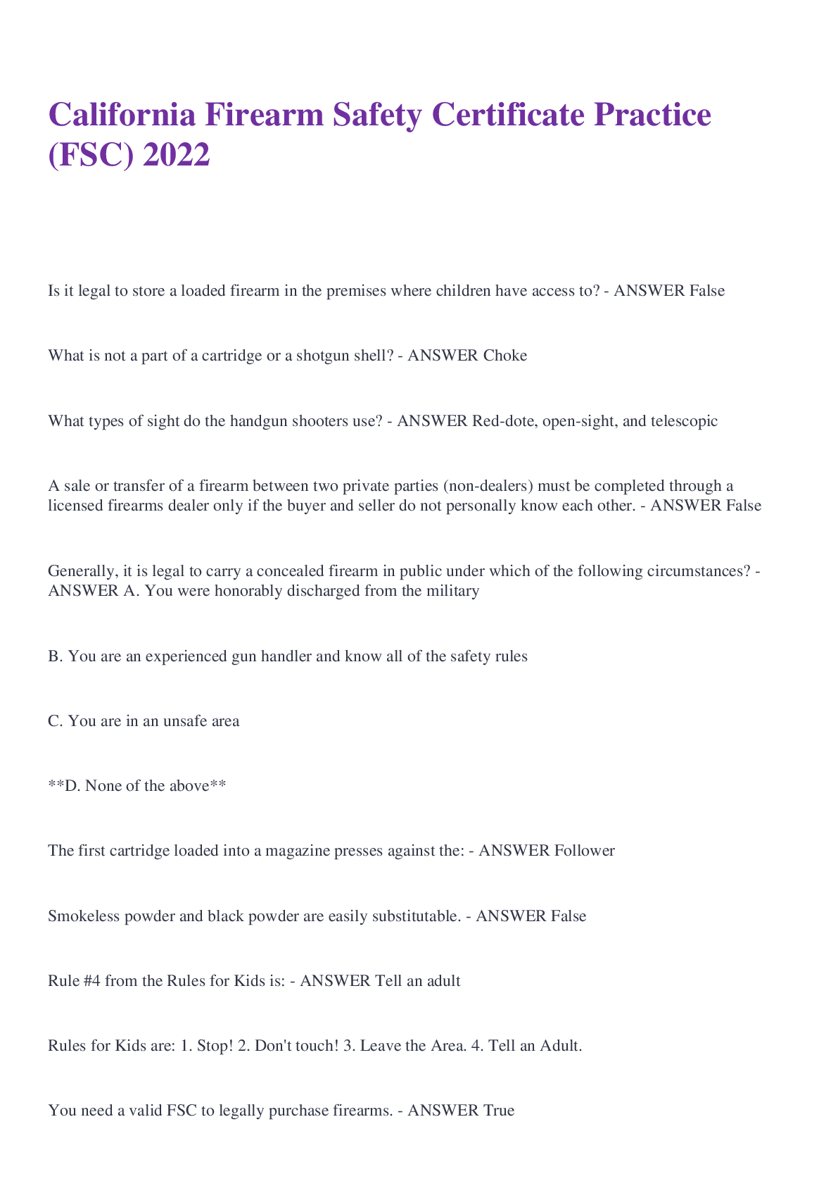 California Firearm Safety Certificate Practice (FSC) 2022 - Scholarfriends
