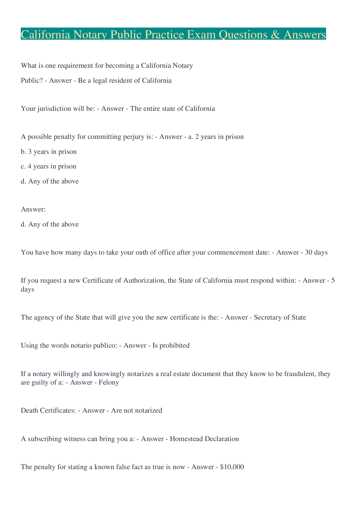 California Notary Public Practice Exam Questions & Answers - Scholarfriends