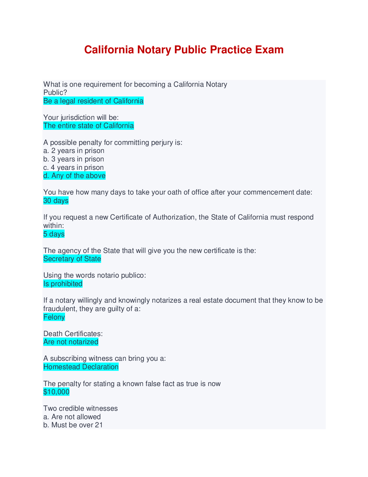 California Notary Public Practice Exam - Questions & Answers ...