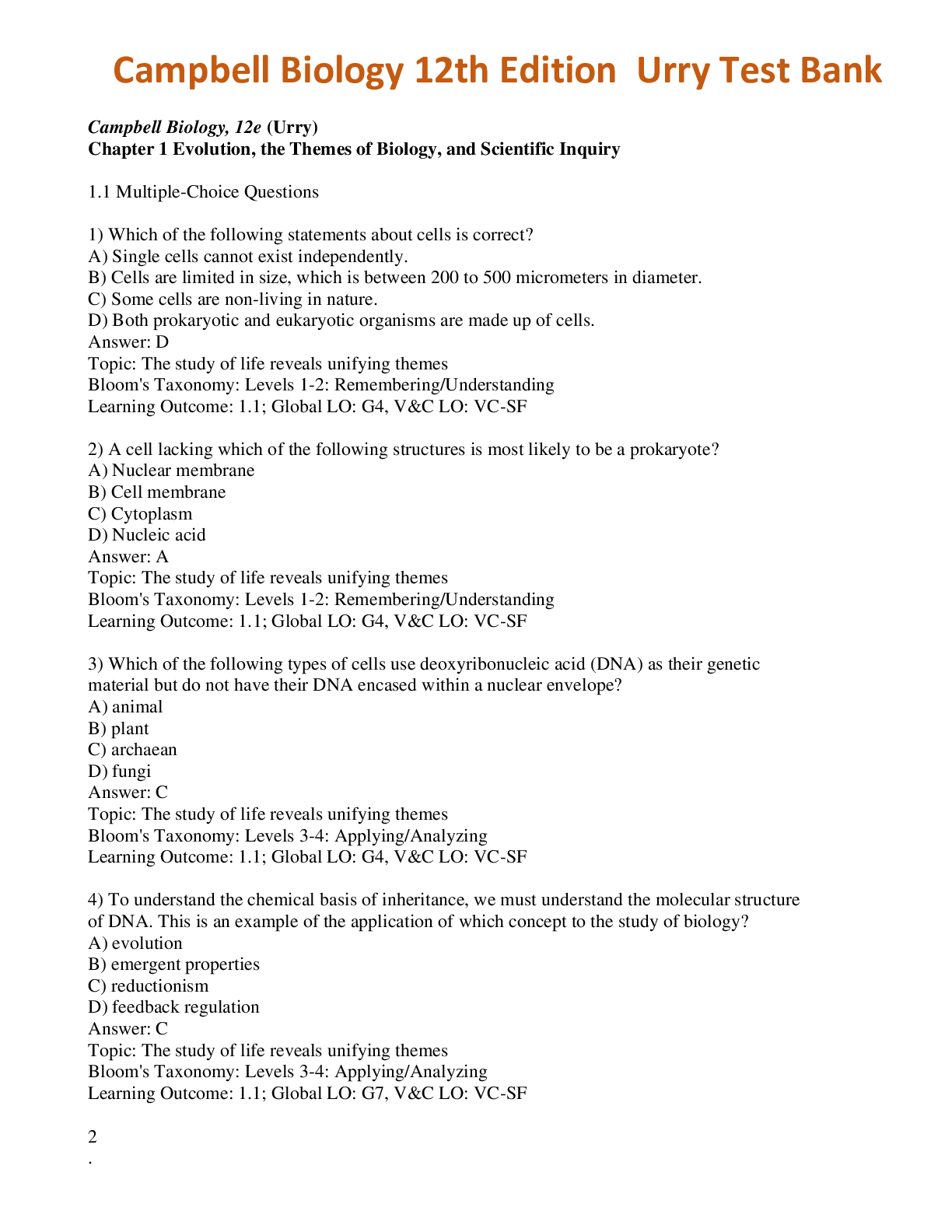 Test Bank Campbell Biology 12th Edition Urry Chapter 1 - 56 Updated ...