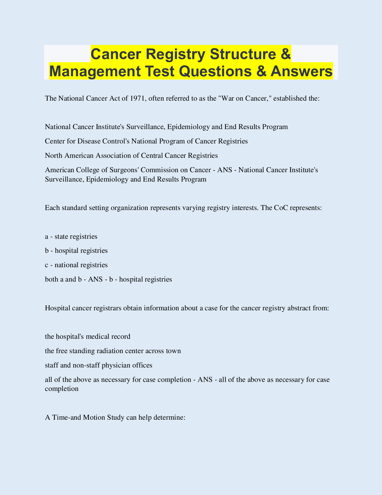 Cancer Registry Structure & Management Test Questions & Answers | 80 ...