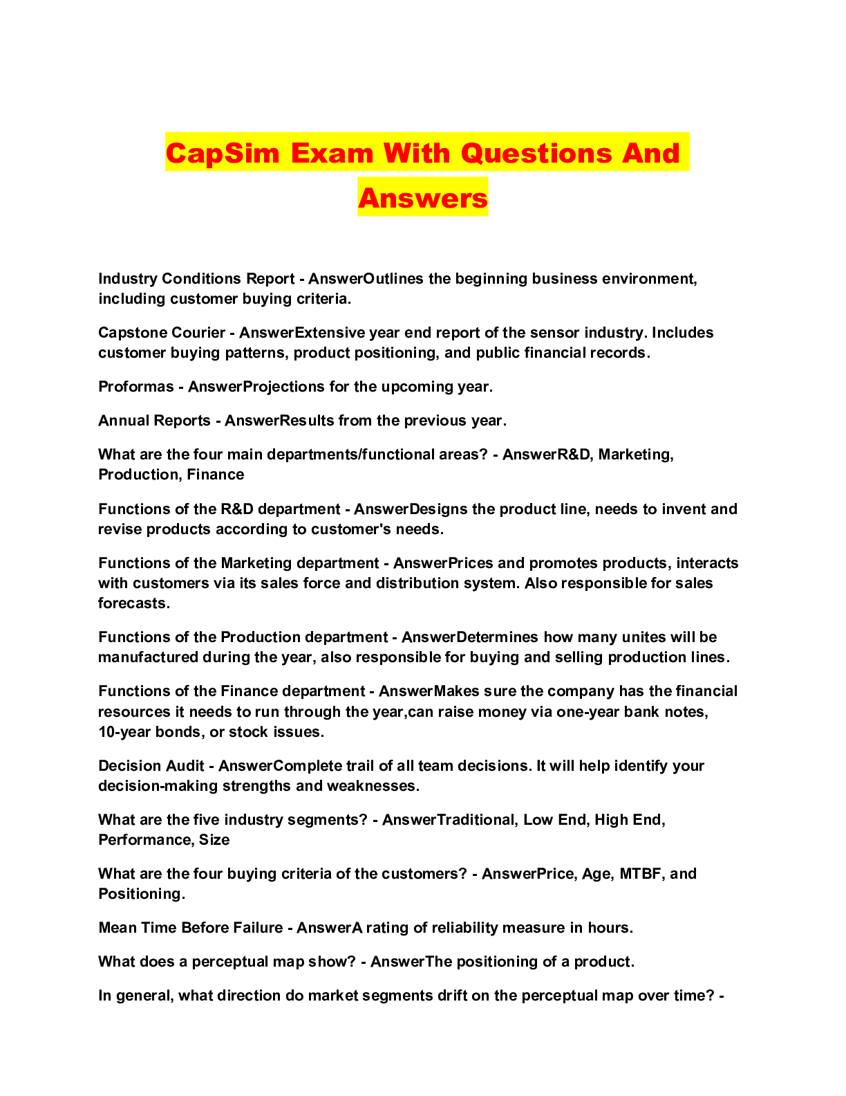 CapSim Exam With Questions And Answers - Scholarfriends