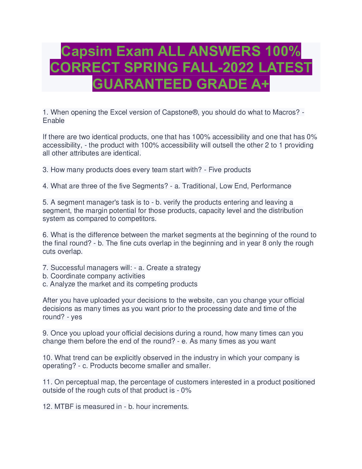 Capsim Exam ALL ANSWERS 100% CORRECT SPRING FALL-2022 LATEST GUARANTEED ...