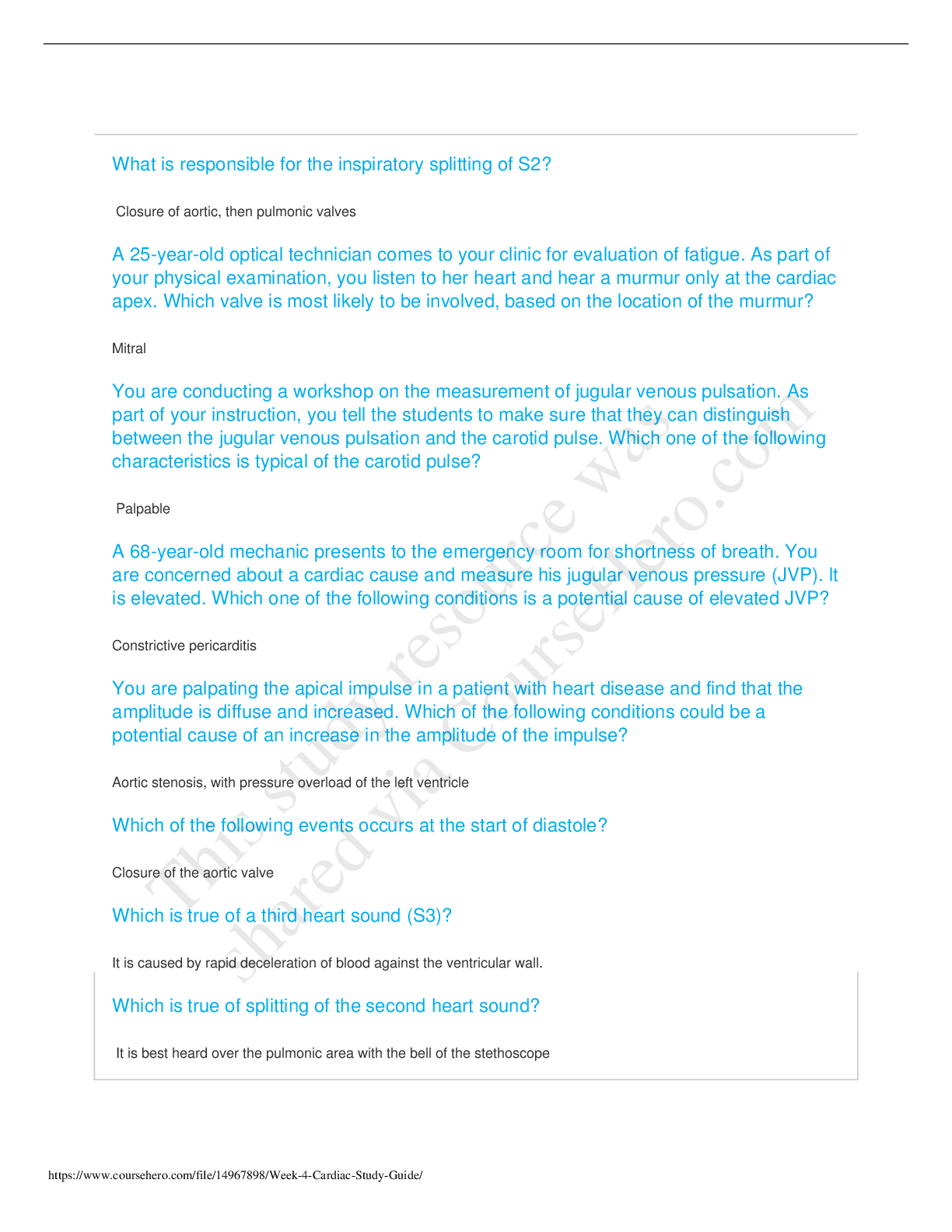 Cardiac week 4 Study Guide - Scholarfriends