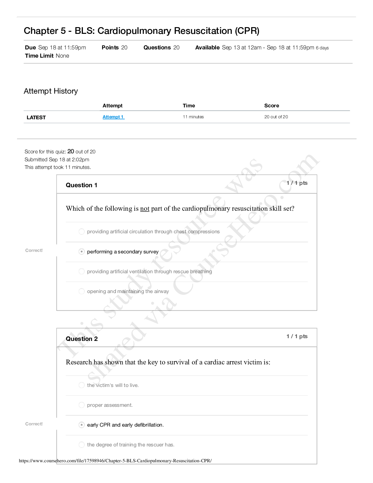 Cardio Pulmonary Resuscitation (CPR) Exam (Latest 2021) 100% Correct ...