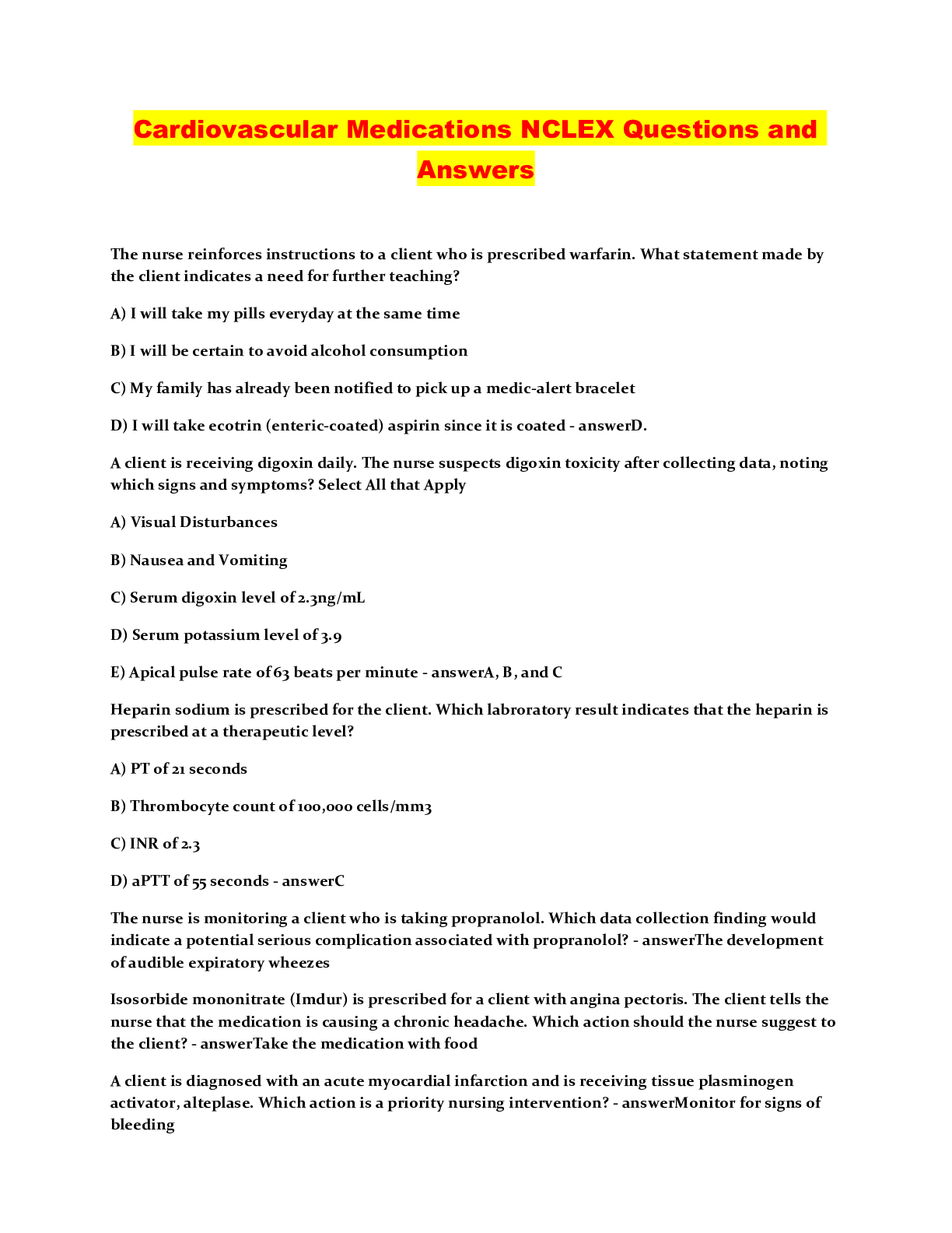 Cardiovascular Medications NCLEX Questions and Answers - Scholarfriends