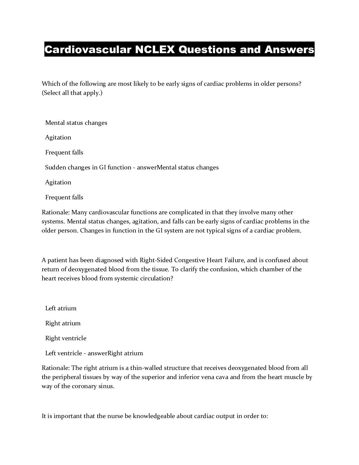 Cardiovascular NCLEX Questions and Answers - Scholarfriends