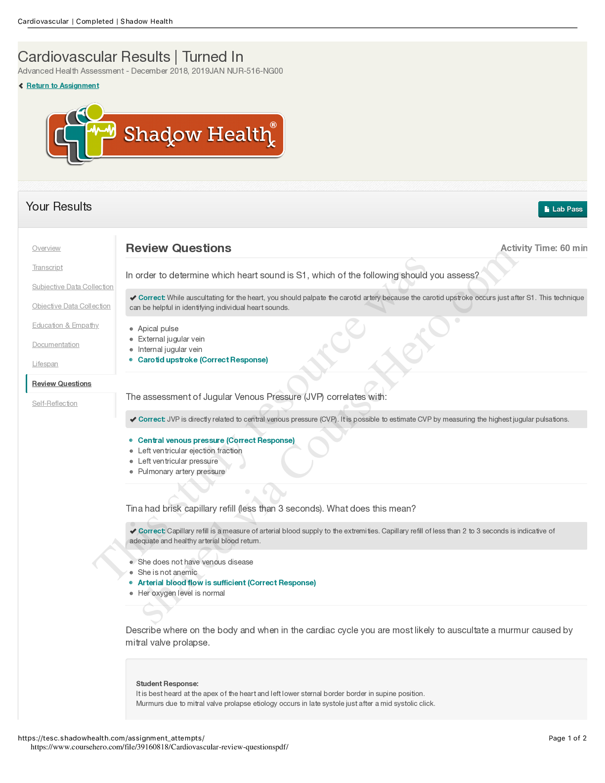 The assessment of Jugular Venous Pressure (JVP) correlates with ...