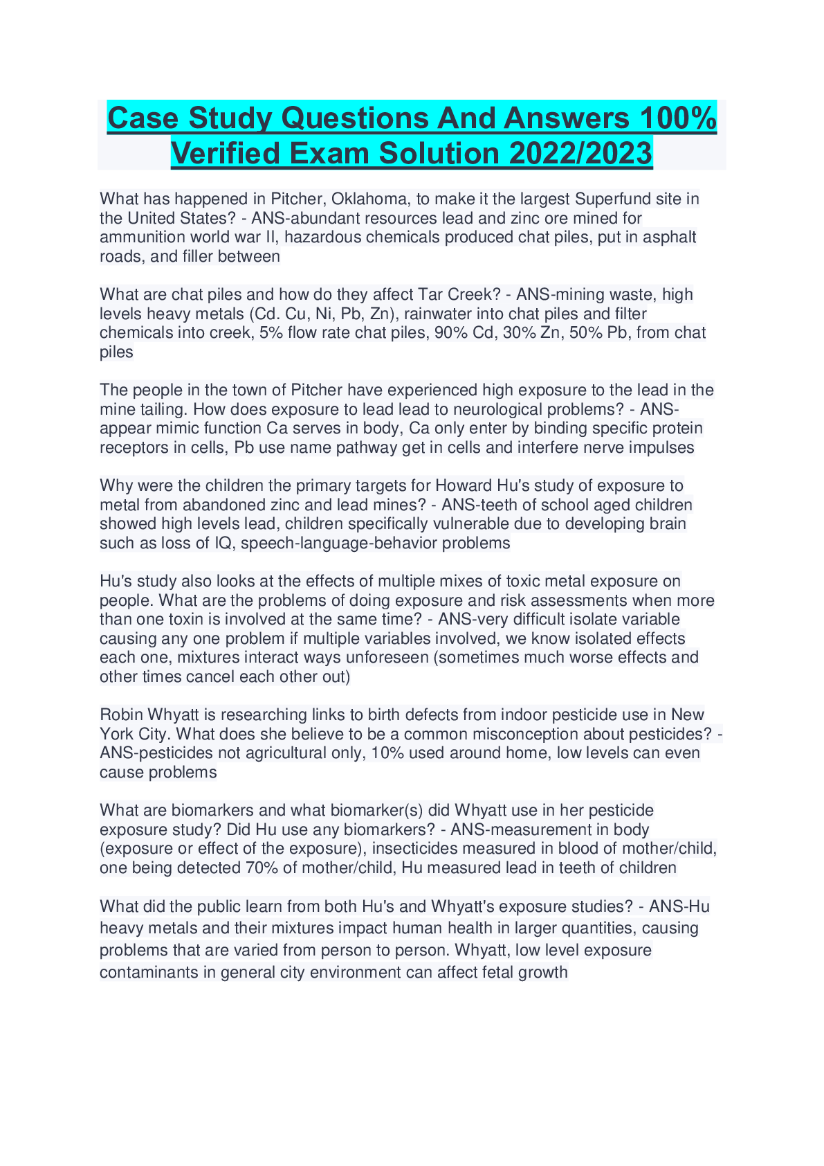 Case Study Questions And Answers 100% Verified Exam Solution 2022/2023 ...