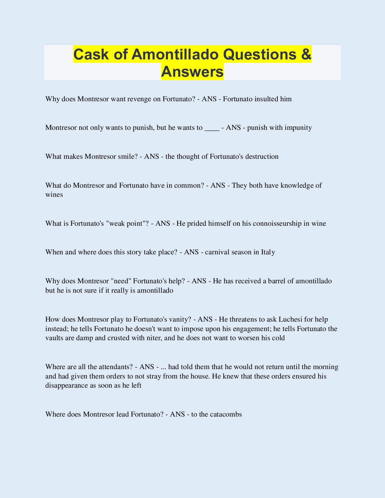 Cask of Amontillado Questions & Answers | with 100% Correct Answers ...